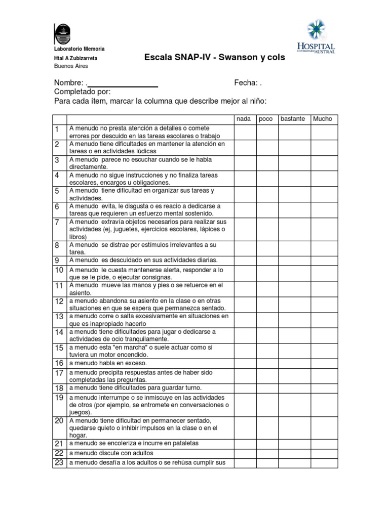 Escala SNAP-IV para TDAH en PDF | PDF
