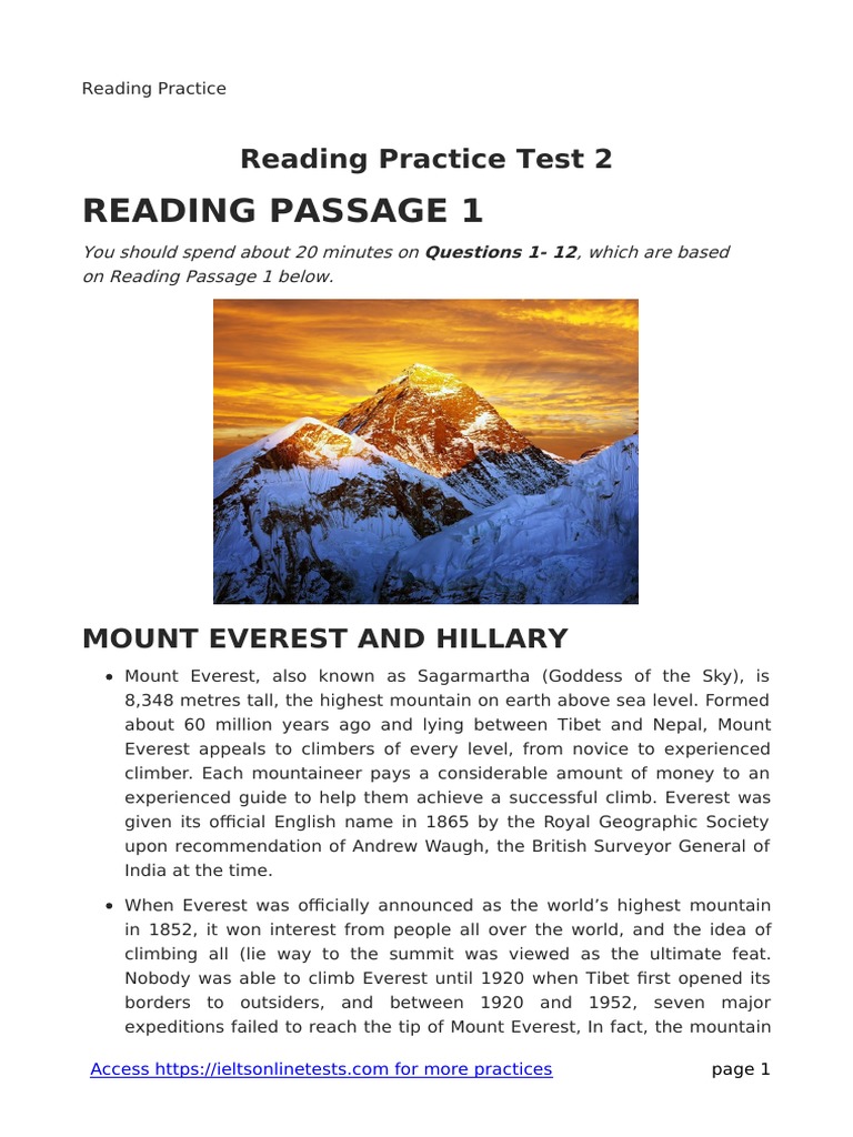 Reading Passage 1 | PDF | Sleep | Mount Everest