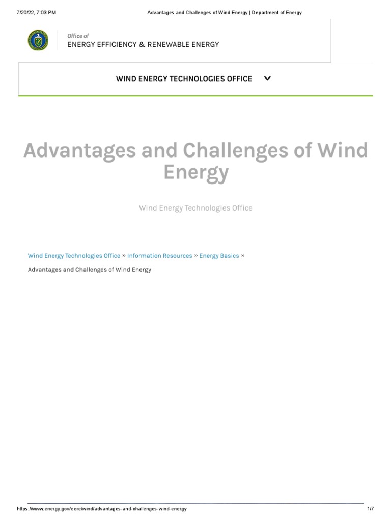 Advantages and Challenges of Wind Energy - Department of Energy | PDF ...