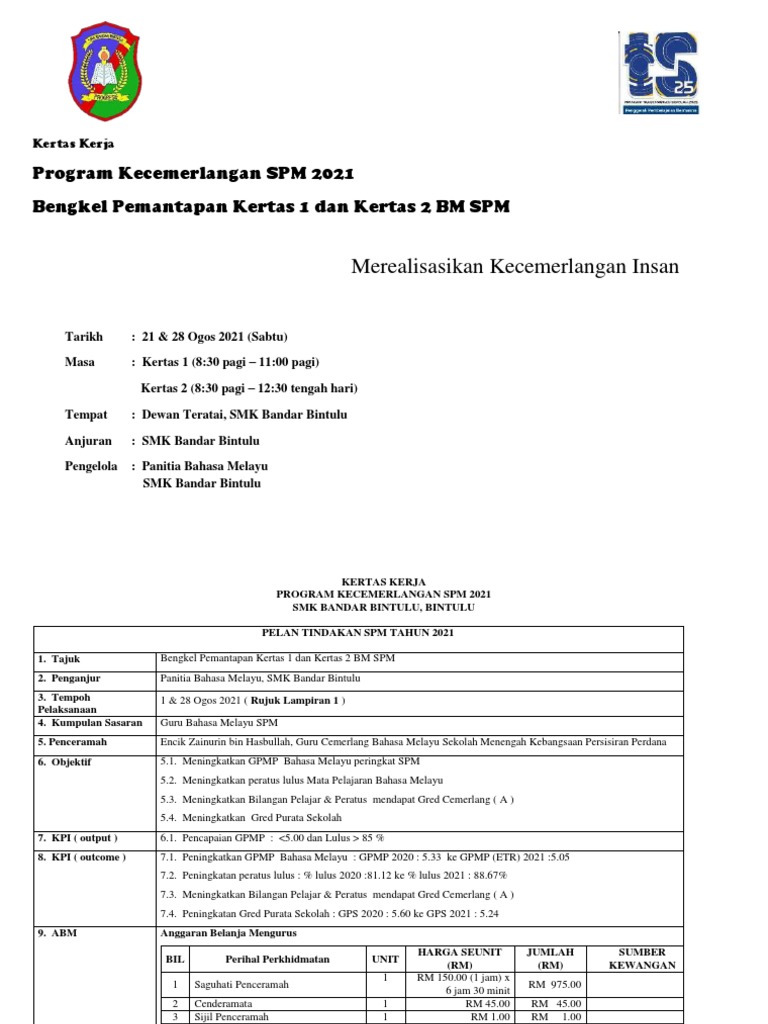 1 KERTAS KERJA BENGKEL PEMANTAPAN KERTAS 1 DAN KERTAS 2 BM SPM Edit | PDF