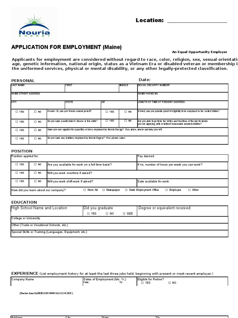 Maine Employment Application Form | PDF | Disability | Employment