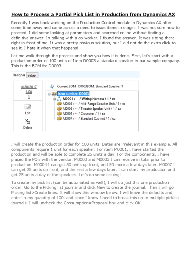 How To Process A Partial Pick List In Production From Dynamics Ax Pdf Computing Computer