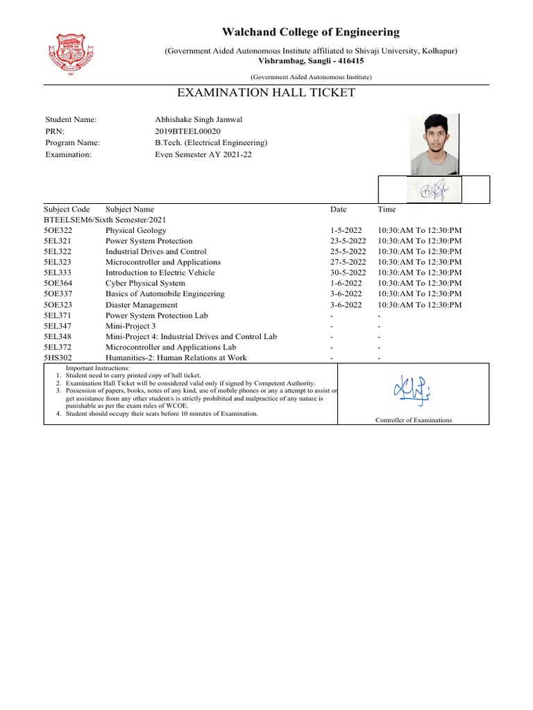 Examination Hall Ticket: Walchand College of Engineering | PDF