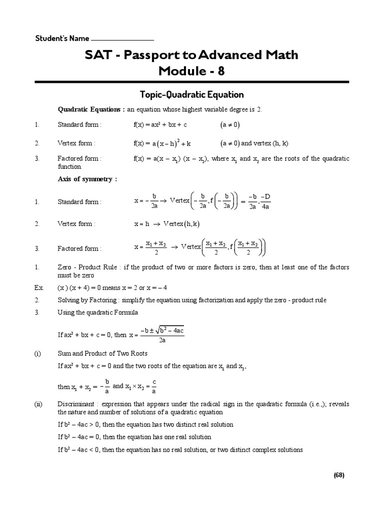 SAT - Passport To Advanced Math Module - 8: Topic-Quadratic Equation ...