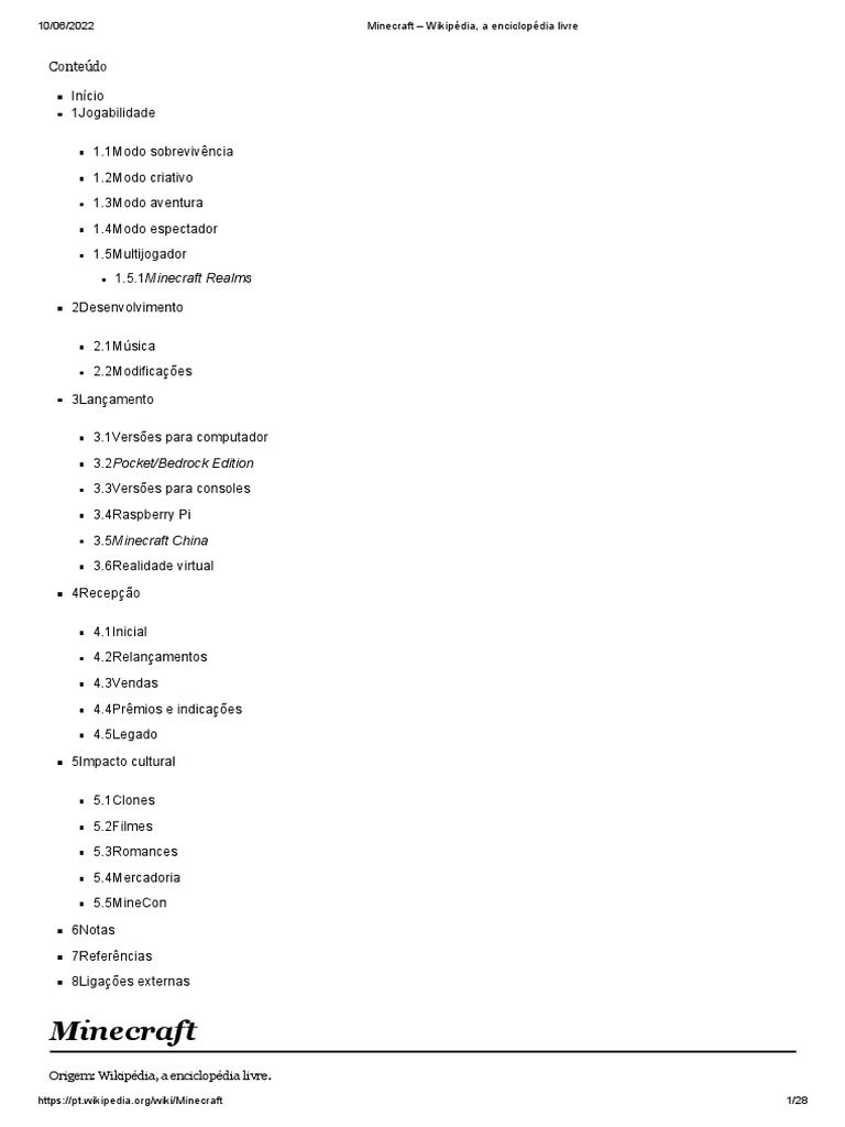 Minecraft - Wikipédia, A Enciclopédia Livre | PDF | Minecraft | Windows 10