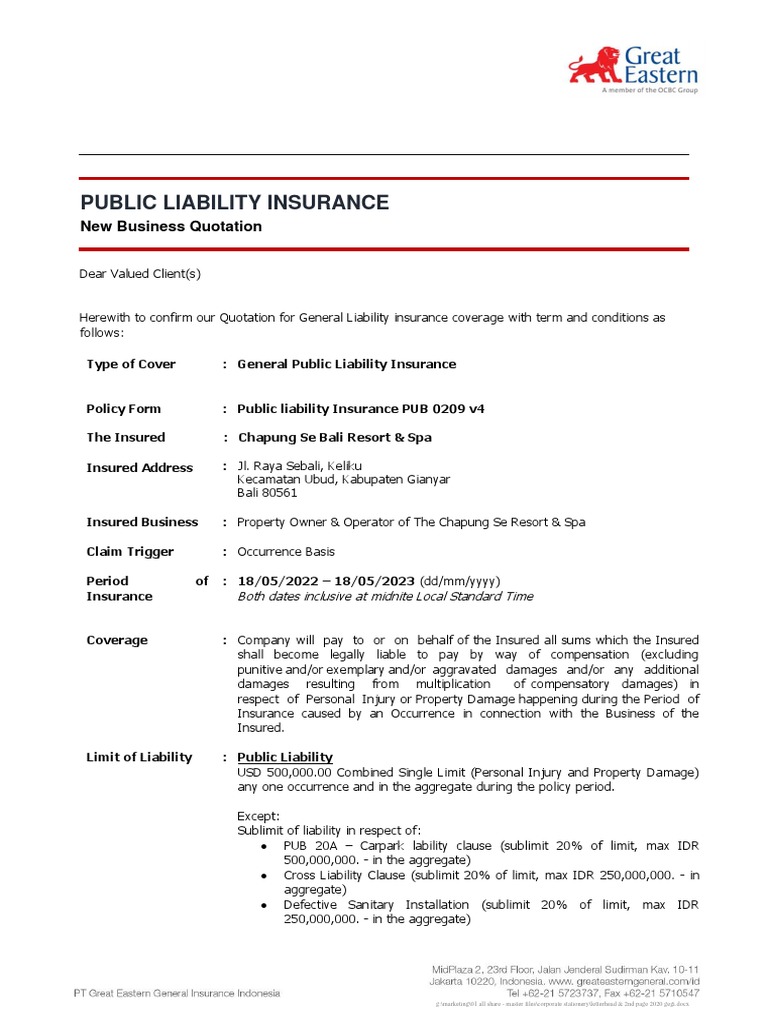 Public Liability Insurance: New Business Quotation | PDF | Liability ...