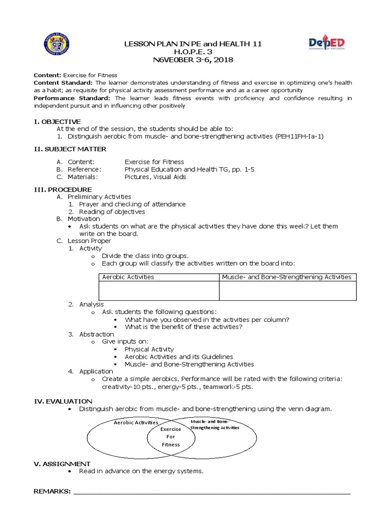Lesson Plan in Pe and Health 11 H.O.P.E. 3 N6VE0BER 3-6, 2018 | PDF ...