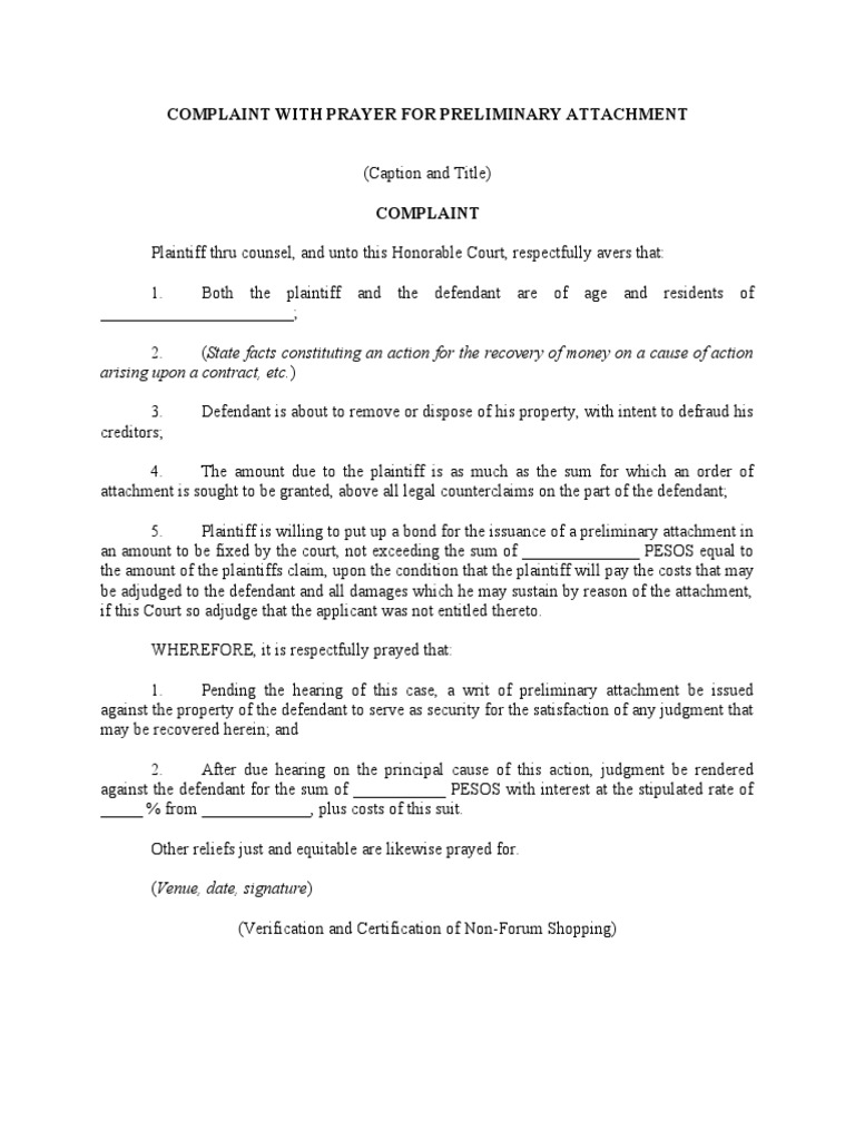 Complaint With Prayer For Preliminary Attachment | PDF