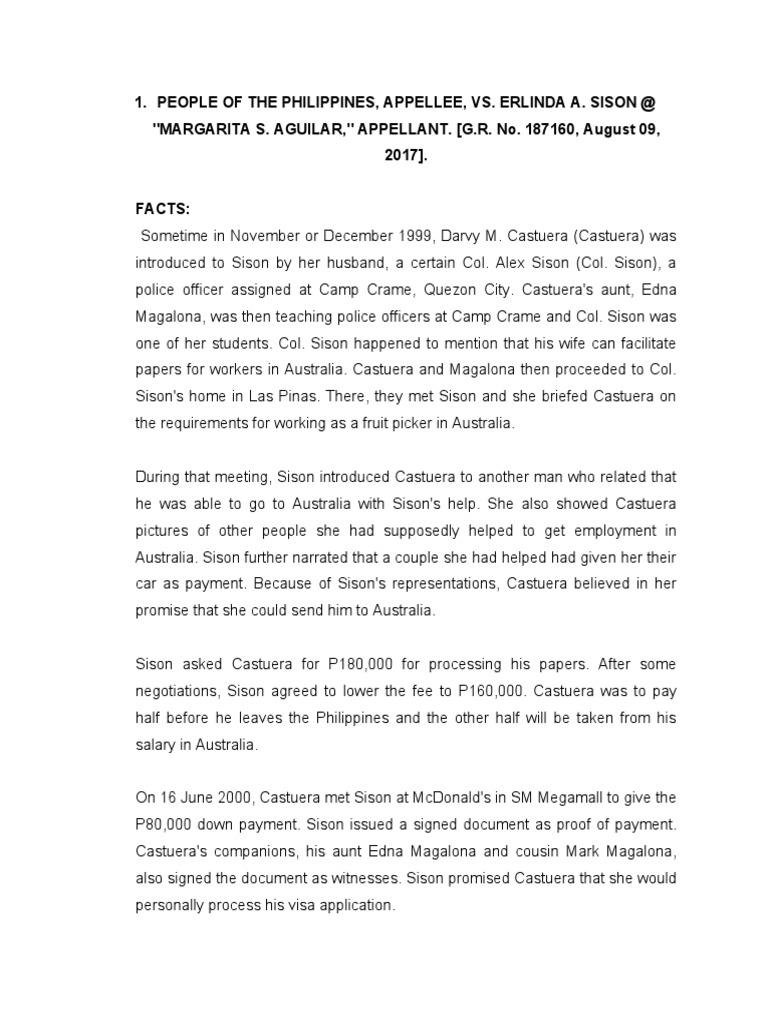PEOPLE OF THE PHILIPPINES APPELLEE VS ERLINDA SISON GR No 187160 August 09 2017 | PDF | Crime ...
