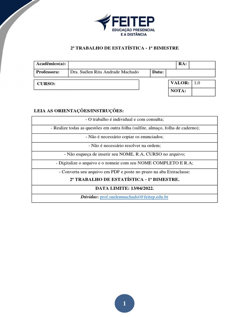 2 - Trabalho - 1 - Bimestre de Estat - Stica | PDF | Desvio padrão | Modo (Estatística)
