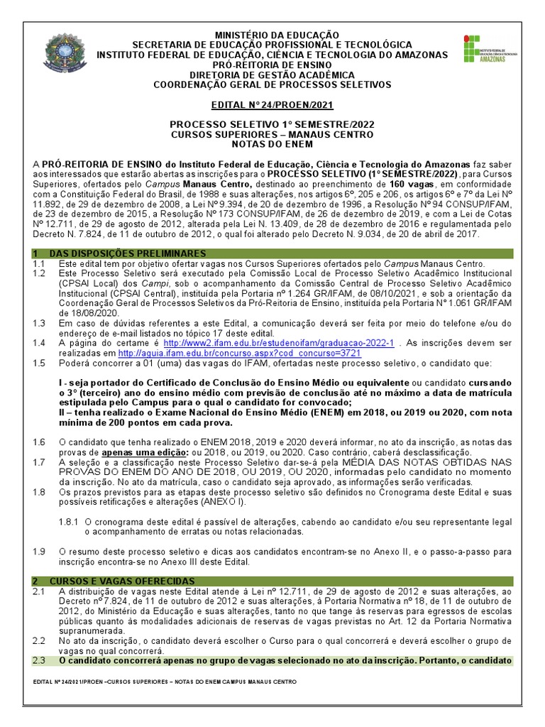Processo seletivo IFAM Manaus Centro abre inscrições para cursos ...