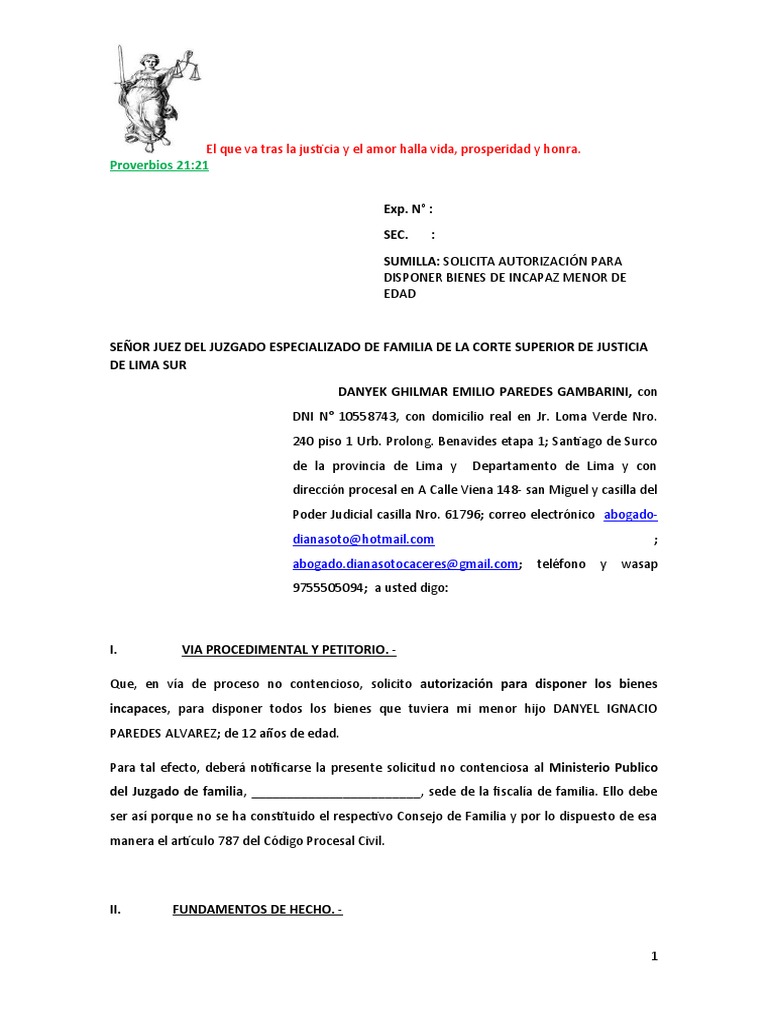 Demanda para Disponer de Bienes de Hijos Incapaces Menores de Edad ...