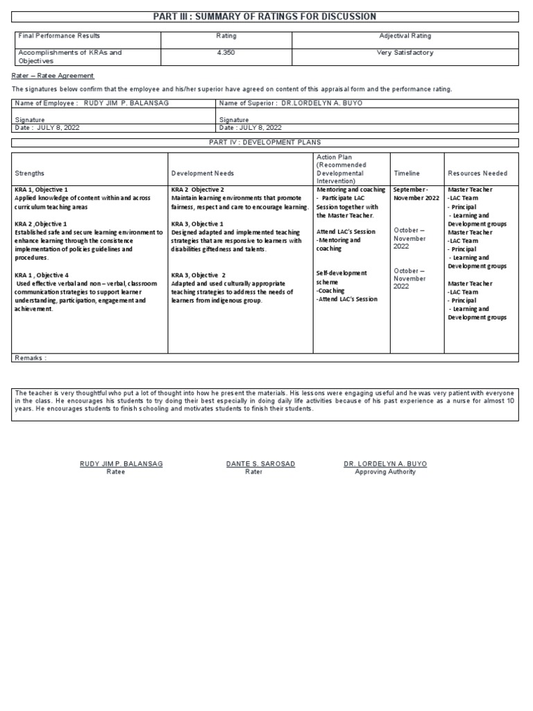 Part Iii: Summary of Ratings For Discussion | PDF | Teachers | Learning