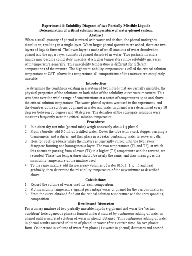 Experiment 6: Solubility Diagram of Two Partially Miscible Liquids Determination of Critical ...