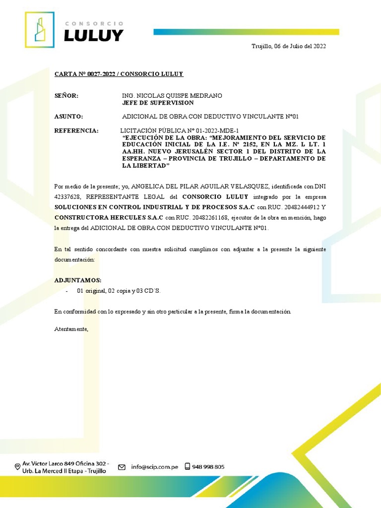 Carta - Adicional y Deductivo | PDF Carta - Adicional y Deductivo | PDF
