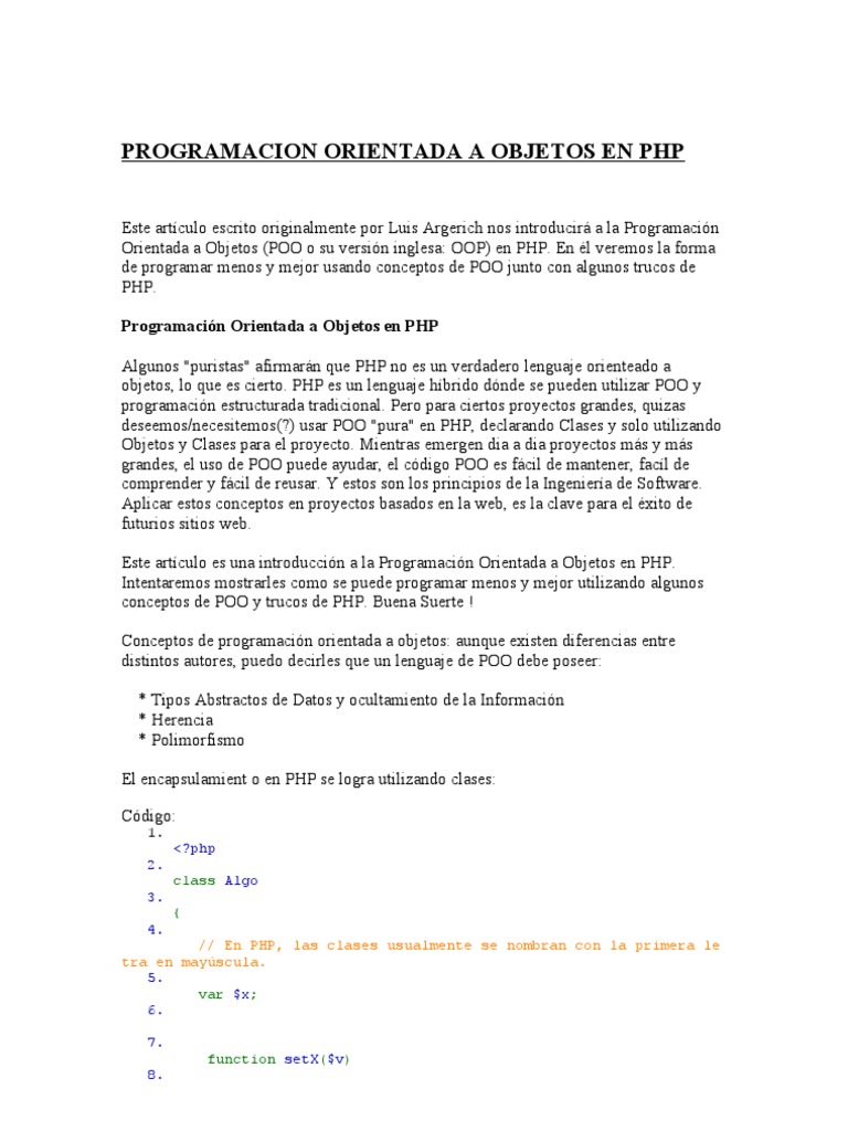 Programacion Orientada A Objetos En Php Pdf Objeto Informática