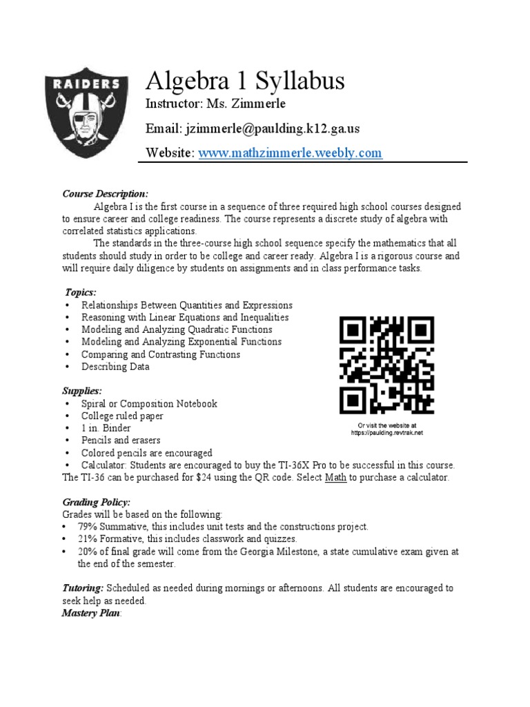 algebra 1 syllabus | PDF | Academic Dishonesty | Mathematics