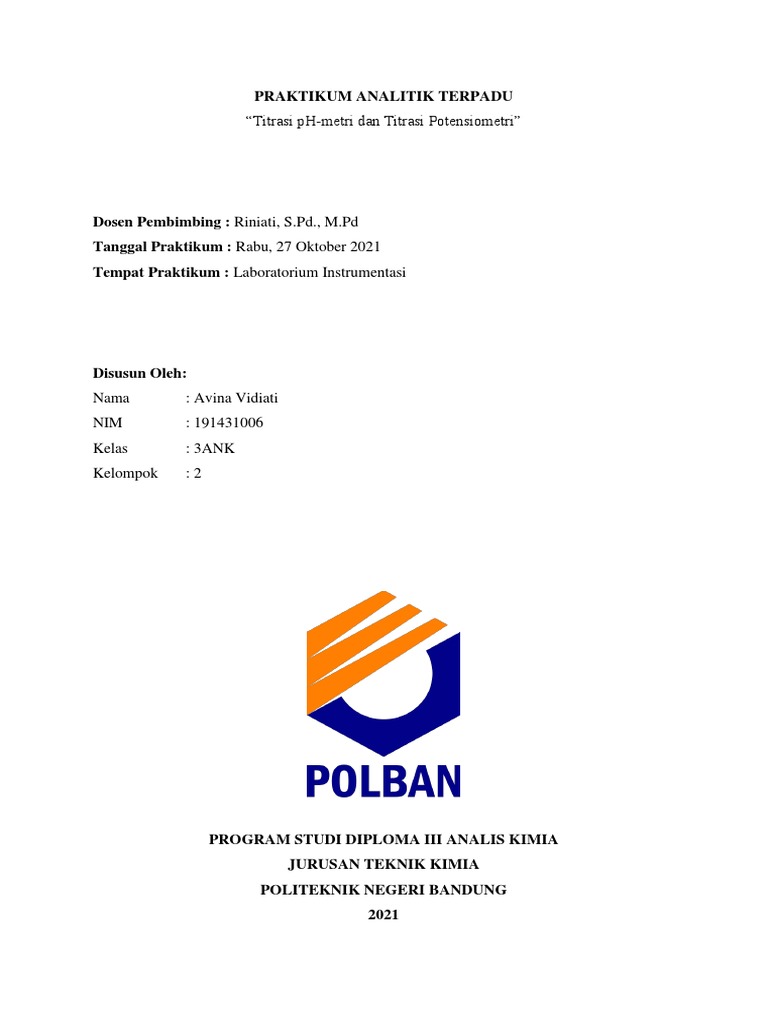 Avina Vidiati - 191431006 - 3ANK - Laporan Praktikum Modul PH Metri Dan Titrasi Potensiometri | PDF