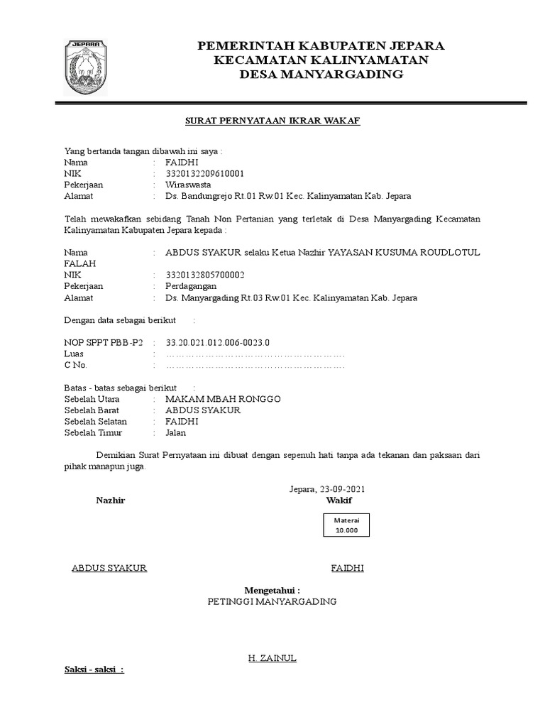 Surat Pernyataan Ikrar Wakaf Tanah | PDF