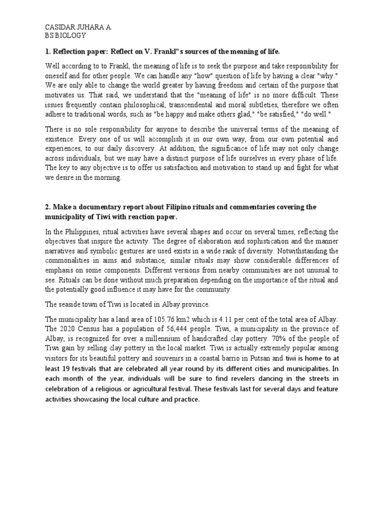 Reflection Paper: Reflect On V. Frankl S Sources of The Meaning of Life ...