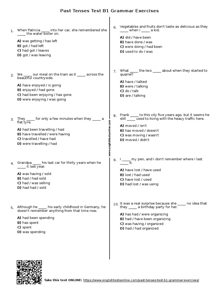 485 Past Tenses Test b1 Grammar Exercises | PDF