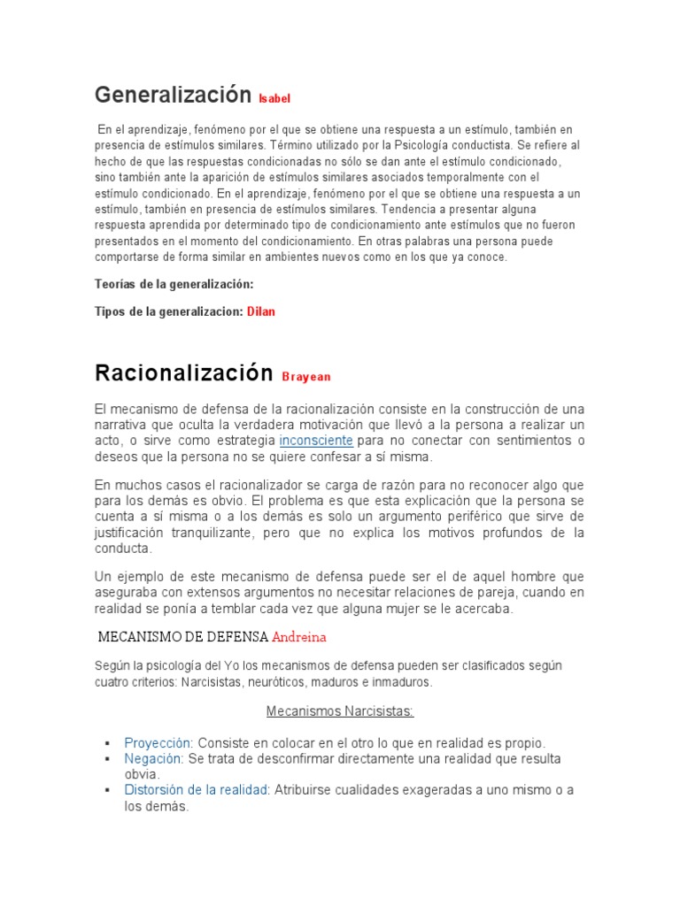Mecanismos de Defensa y Generalización en Psicología | PDF | Sicología ...