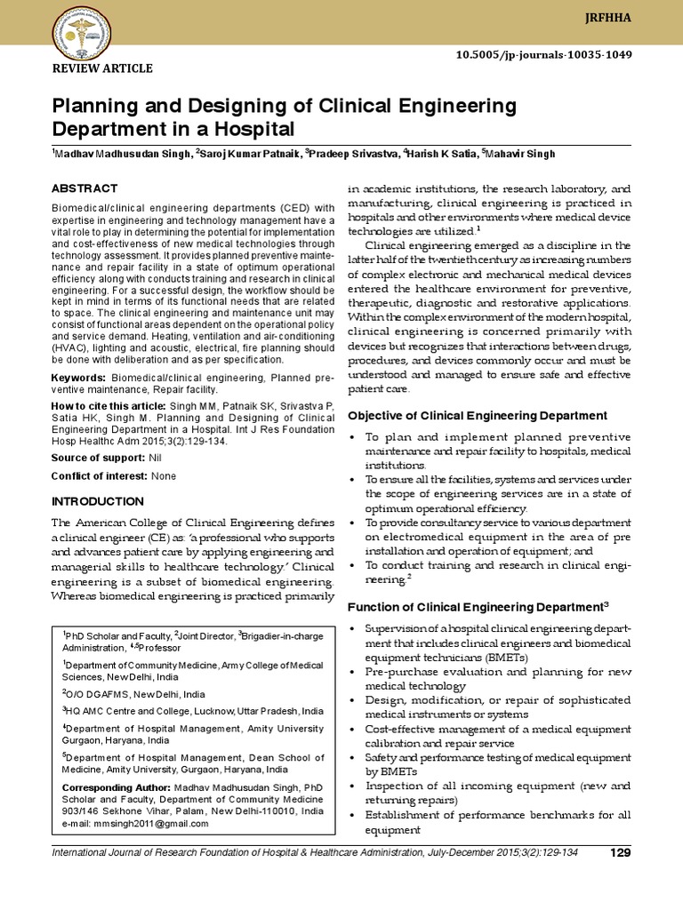 Planning and Designing of Clinical Engineering Department in A Hospital ...