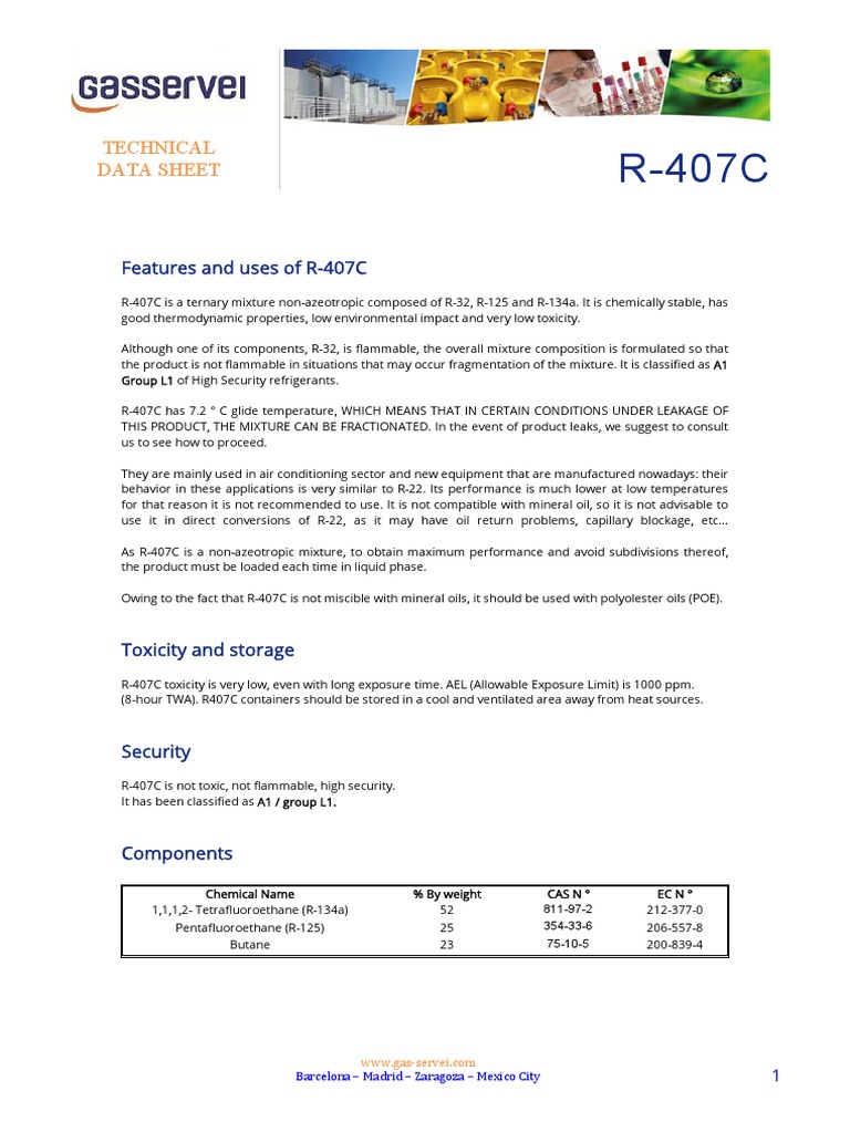 Technical Data Sheet: Features and Uses of R-407C | PDF | Boiling | Vapor