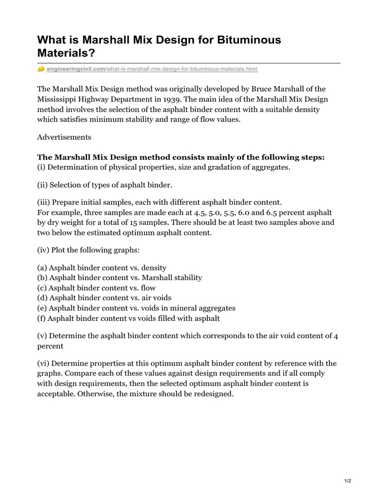 What Is Marshall Mix Design For Bituminous Materials | PDF