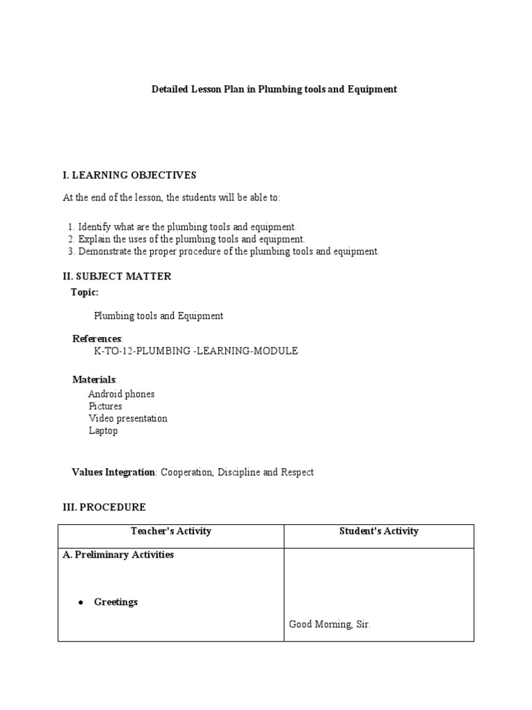 Detailed Lesson Plan | PDF | Plumbing | Pipe (Fluid Conveyance)