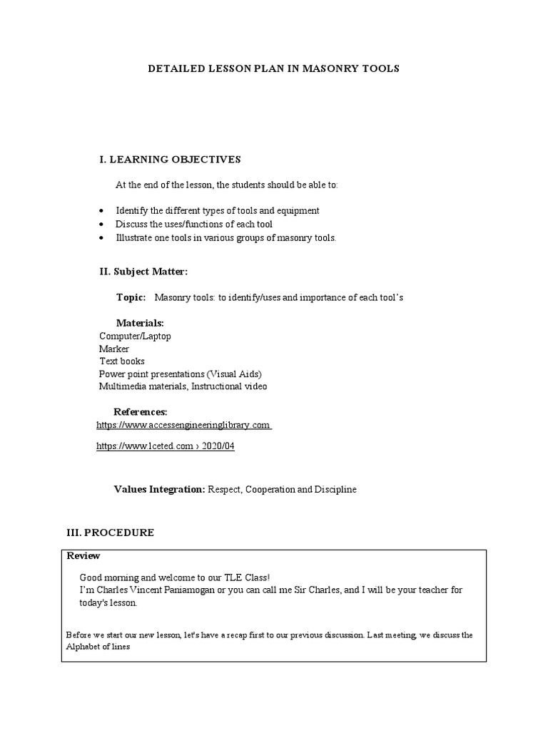 Detailed Lesson Plan in Masonry Tools: References | PDF | Masonry | Brick