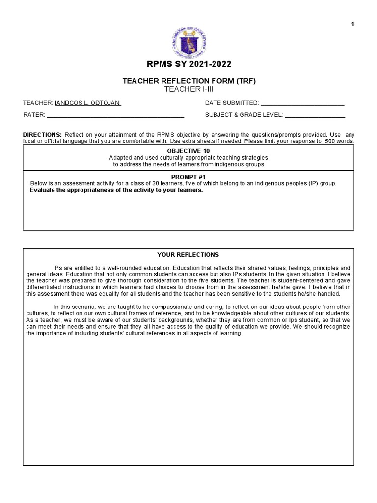 (Appendix 4A) Teacher Reflection Form For T I-III For RPMS SY 2021-2022 ...
