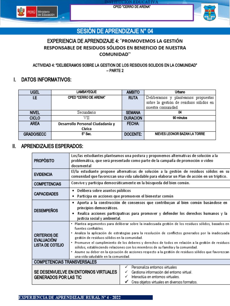 5° DPCC Sesion 4 Eda4 Urb | PDF | Aprendizaje | Cognición