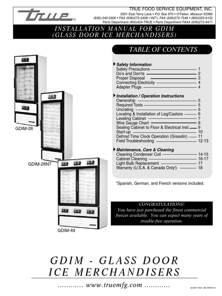 True GDM-26 Installation Manual | PDF | Refrigerator | Relay