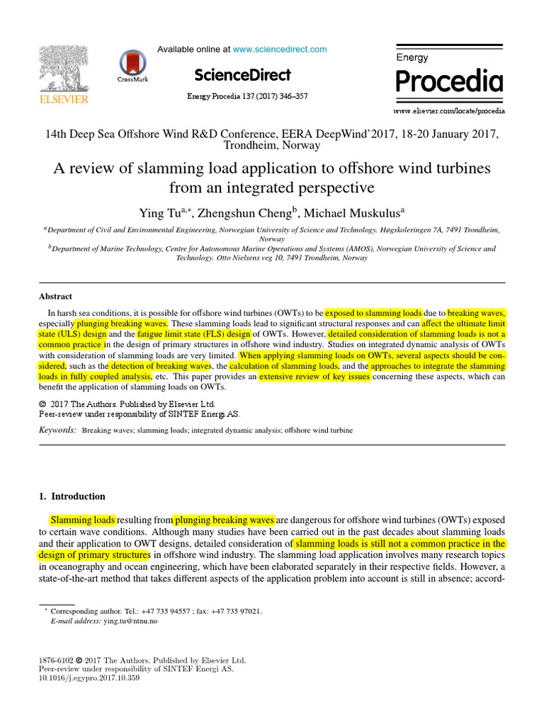 A Review of Slamming Load Application To Offshore Wind Turbines - 2017 ...