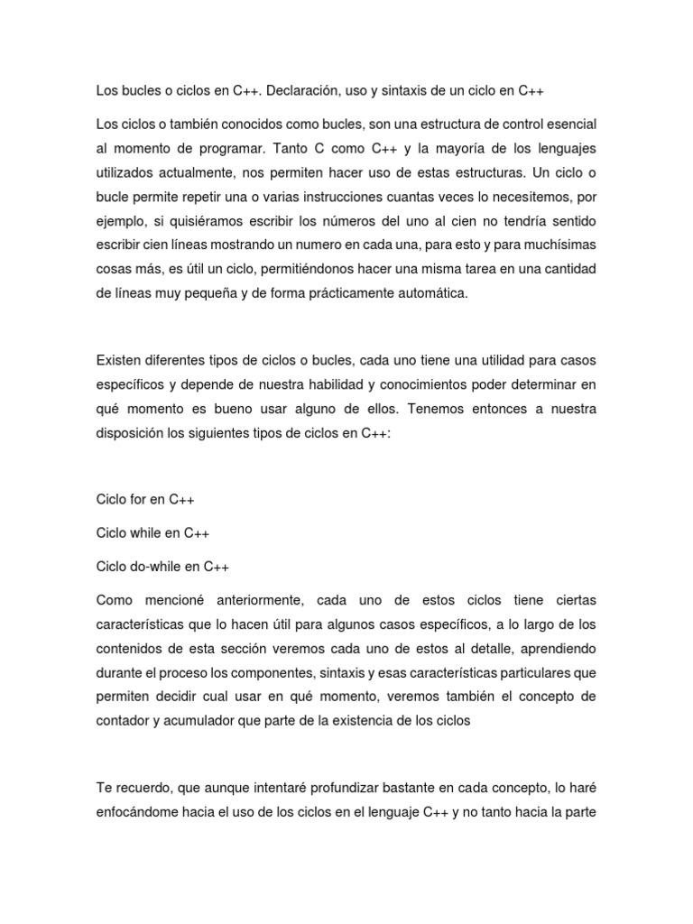 Los Bucles o Ciclos en C | Descargar gratis PDF | C ++ | Lenguaje de ...