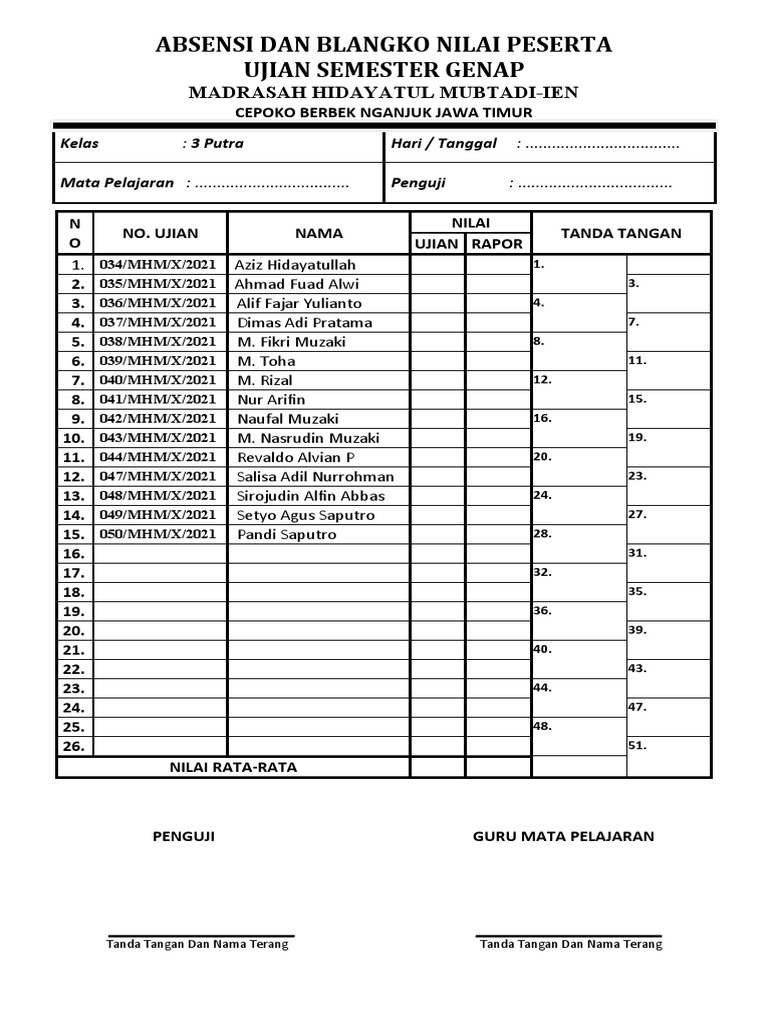 Absensi - Dan - Blangko - Nilai - Peserta - Ujian Semester Ganjil 2021 | PDF