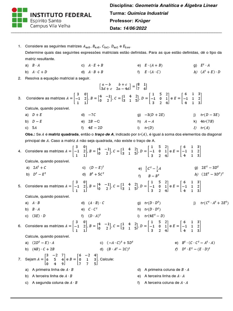 Exercícios sobre Matrizes - Lista 2 | PDF | Matriz (Matemática ...