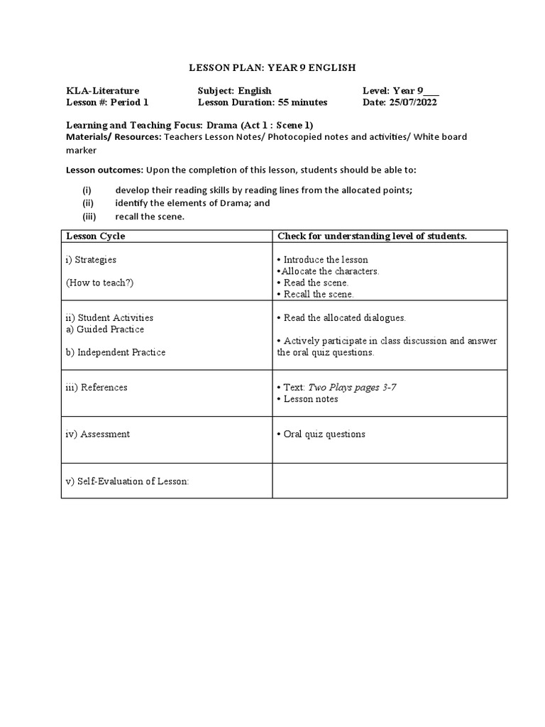 Year 9 English Drama Lesson Plan | PDF