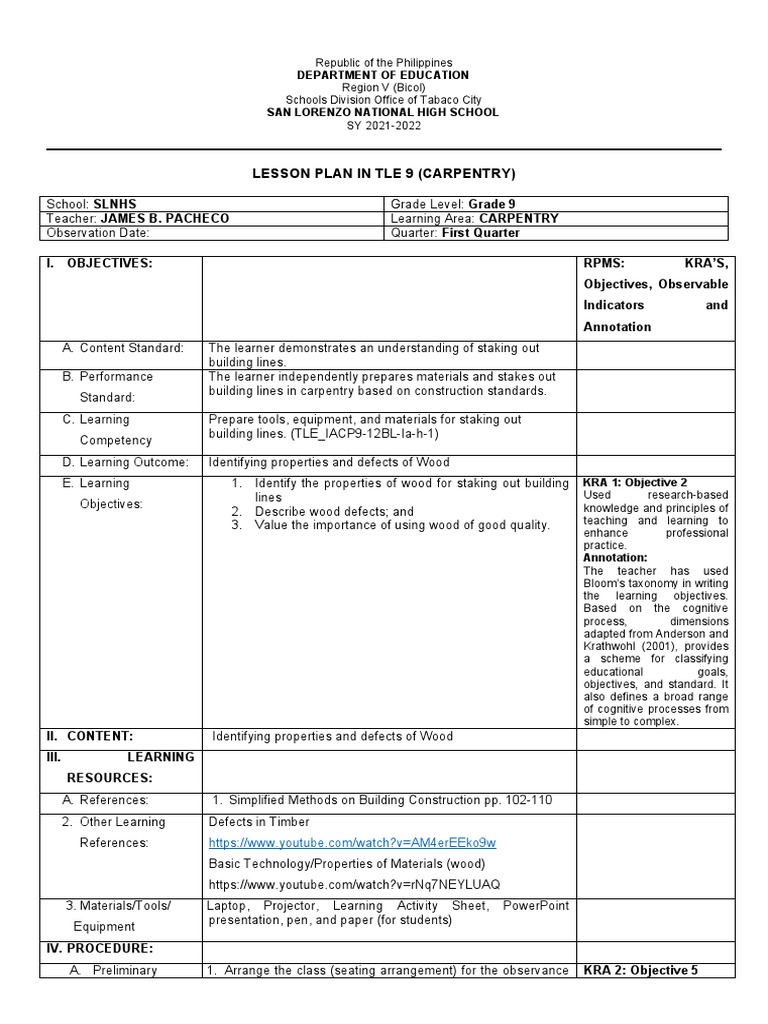 Lesson Plan in Tle 9 (Carpentry) : I. Objectives: RPMS: KRA'S ...