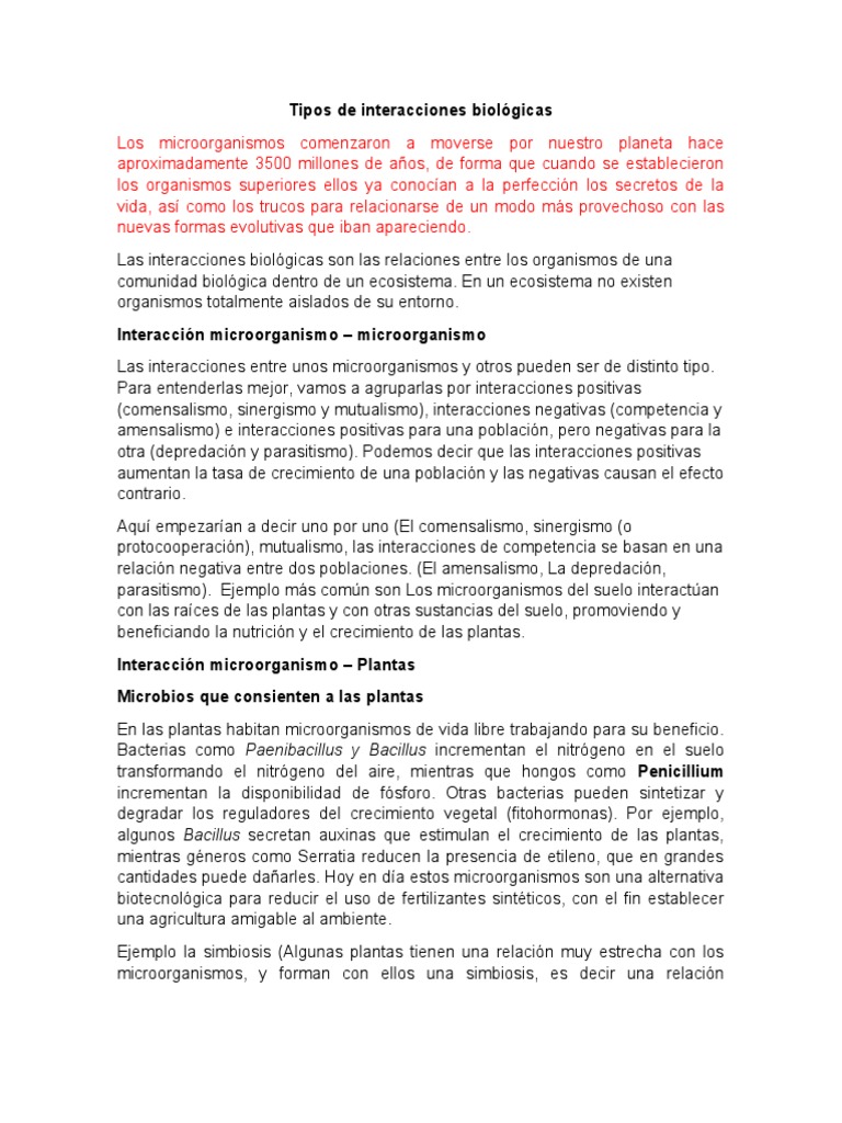 Tipos de Interacciones Biológicas | PDF | Simbiosis | Microorganismo