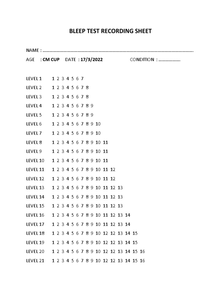 Bleep Test Recording Sheet | PDF | Technology & Engineering