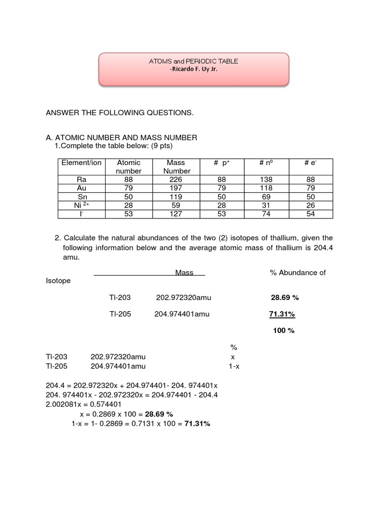 Atoms and Periodic Table - Practice Quiz | Download Free PDF | Electron ...