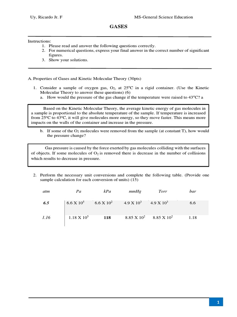 Gases-Practice Quiz | PDF | Gases | Mole (Unit)