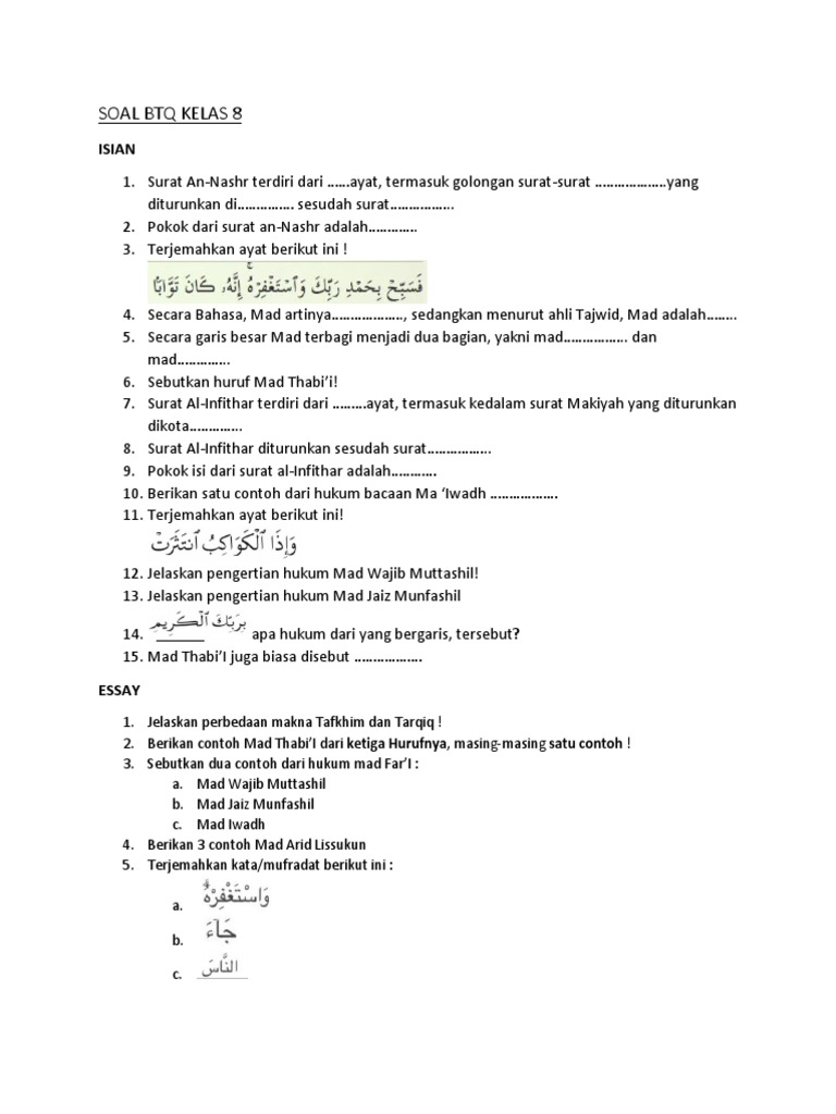 Soal BTQ Kelas 8: Mad dan Surat Al-Qur'an | PDF | Seni & Disiplin Bahasa