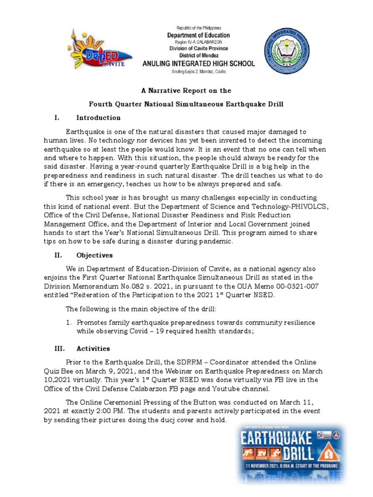 2021 1st Quarter Earthquake Drill Report | PDF | Emergency Management ...
