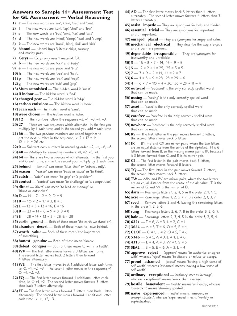11 Plus GL Assessment Verbal Reasoning Answers | PDF