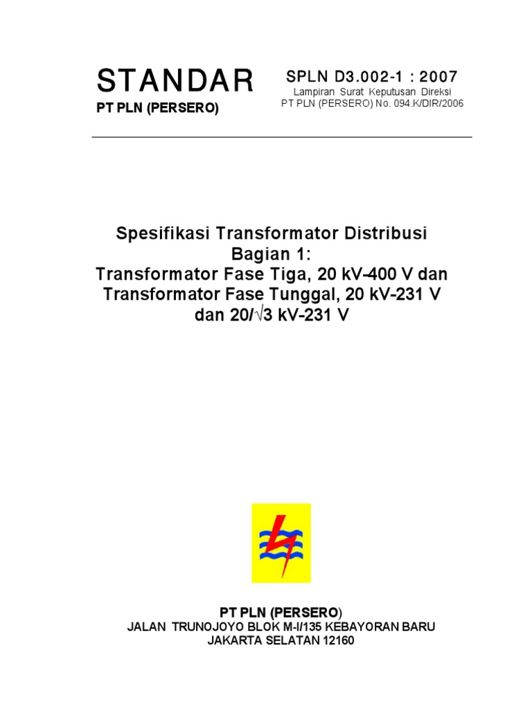 SPLN Standar Tranformator Distribusi | PDF