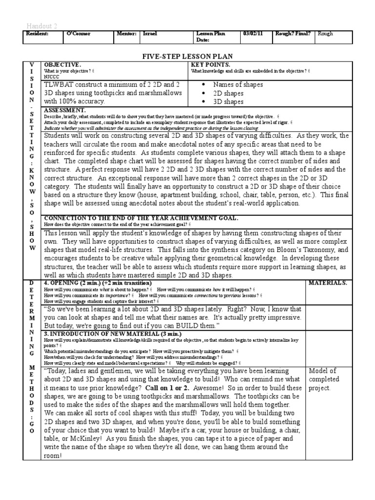 Handout 2: Five-Step Lesson Plan | PDF | Educational Assessment ...