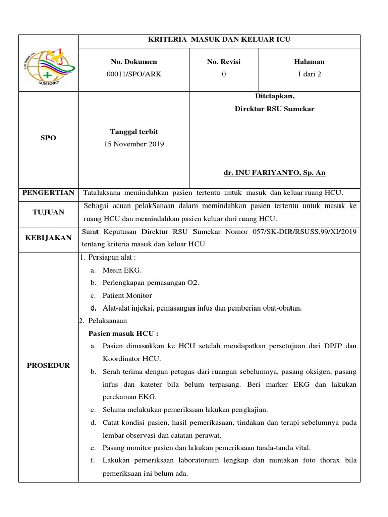 Spo Kriteria Masuk Dan Keluar Icu | PDF